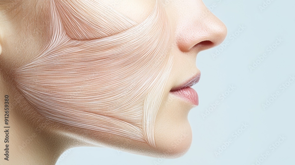 Side profile of a woman's face with visible facial muscles. The image ...