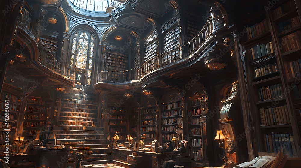 An ancient dwarfs' library filled with towering bookshelves, ancient ...