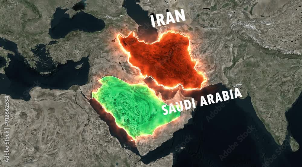 Saudi Arab and Iran Aerial zoomed 3d Map Animation. Animated 3d map of ...