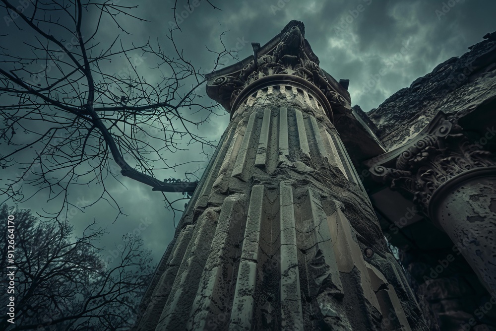 Crumbling corinthian column reaching for a stormy sky, highlighting the ...