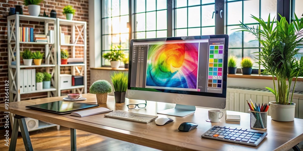 A sleek, modern computer workstation with a large monitor displaying a ...