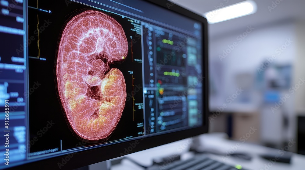 An ultrasound image displayed on a monitor, showing detailed ...