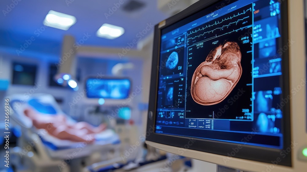 An ultrasound image displayed on a monitor, showing detailed ...