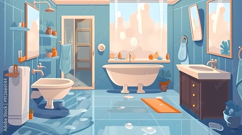 Bath room interior with bathtub and toilet bowl, cabinets and mirrors ...