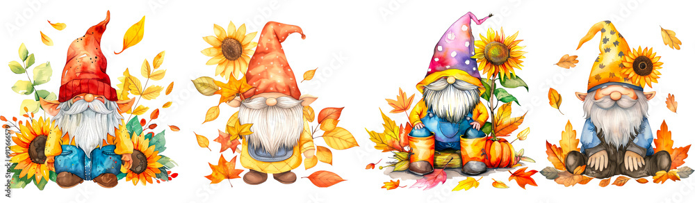 Set of Kawaii Gnome with sunflower and autumn leaves clipart isolated ...