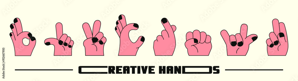 Set of human hands with different gestures in retro linear style ...