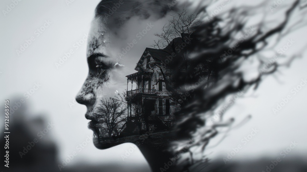 A ghostly woman with a sad smile, standing by the window of the eerie ...