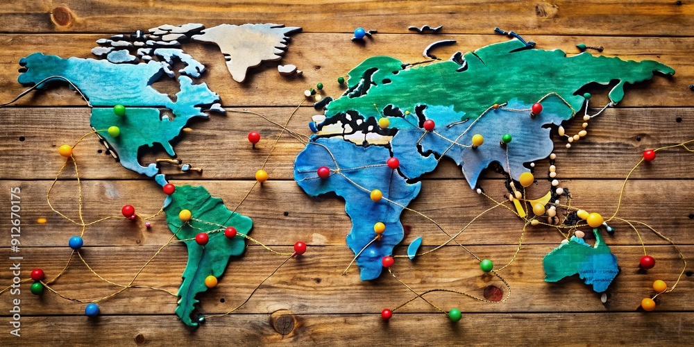 Vibrant colored pushpins and winding routes marked on a large folded ...