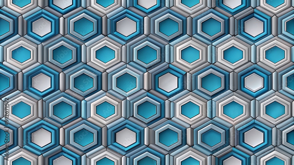 Geometric pattern of interlocking blue and gray hexagons repeating seamlessly in a modern ...