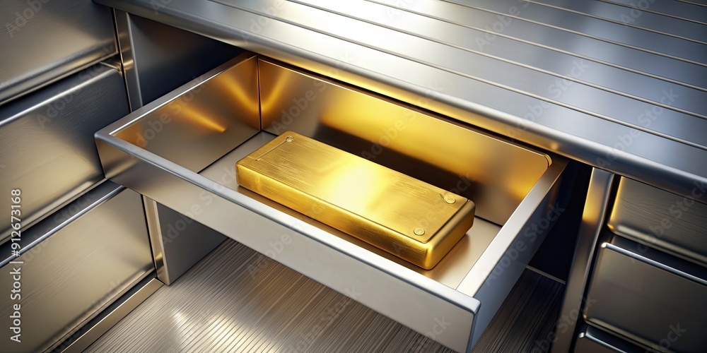 Gold bar resting inside a secure vault drawer, Gold, bar, valuable ...