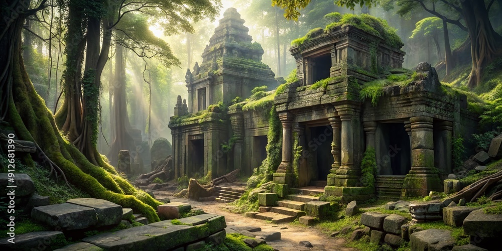 Ancient crumbling temple overrun with vines and moss, surrounded by ...