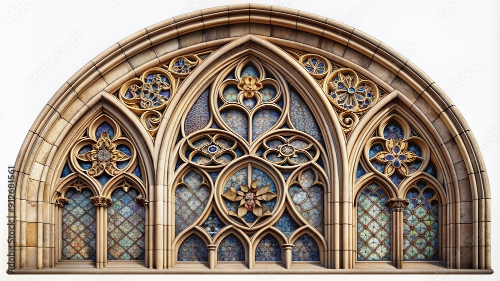 Intricately designed Gothic window with ornate stone carvings, pointed ...