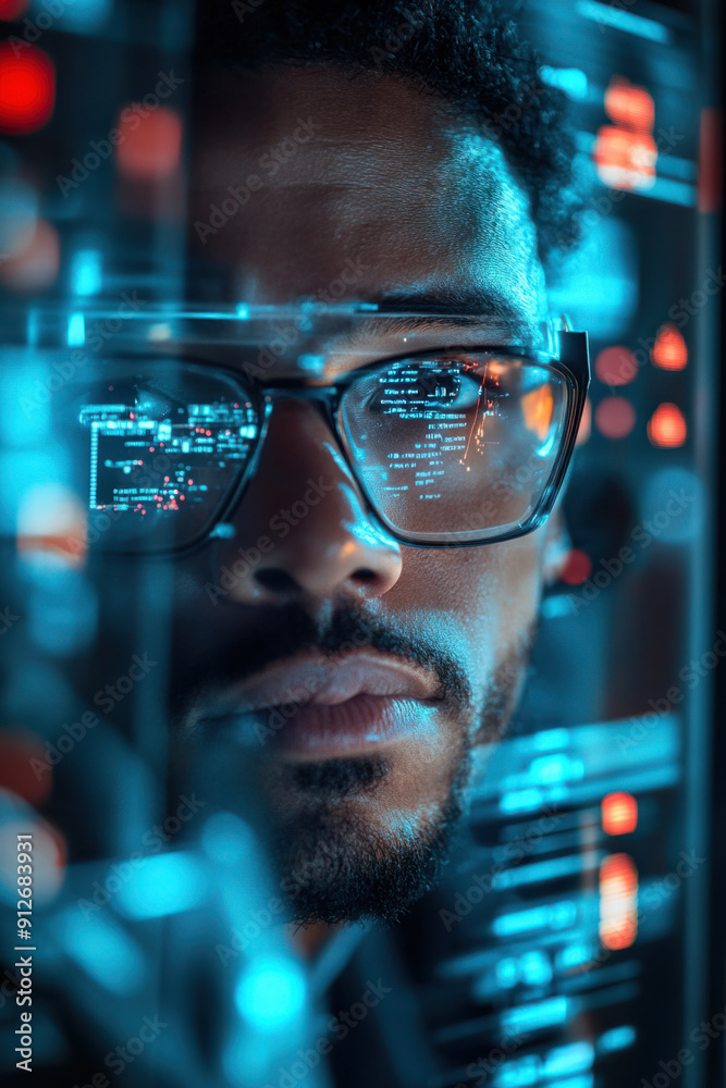 cyber security, A futuristic office filled with digital interfaces ...