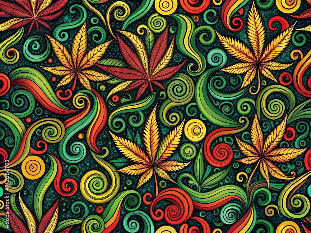 Vibrant seamless pattern featuring marijuana leaves, psychedelic shapes ...