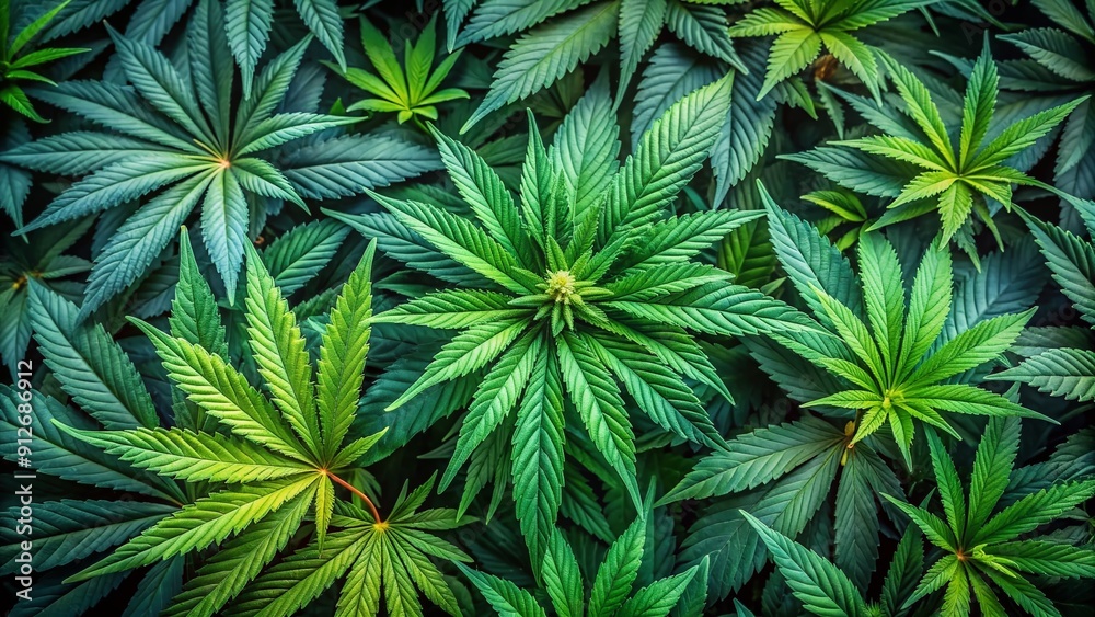 Vibrant green marijuana leaves and budding cannabis plants fill the ...