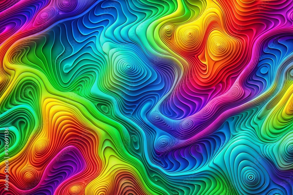 Vibrant neon rainbow ridged topological map pattern background features ...