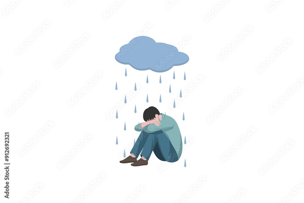 Depressed young man sitting under a metaphorical rain cloud. Sad lonely ...