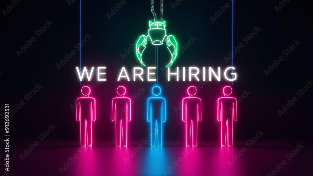 Futuristic Employee Recruitment Illustration with Neon Banner Reading ...