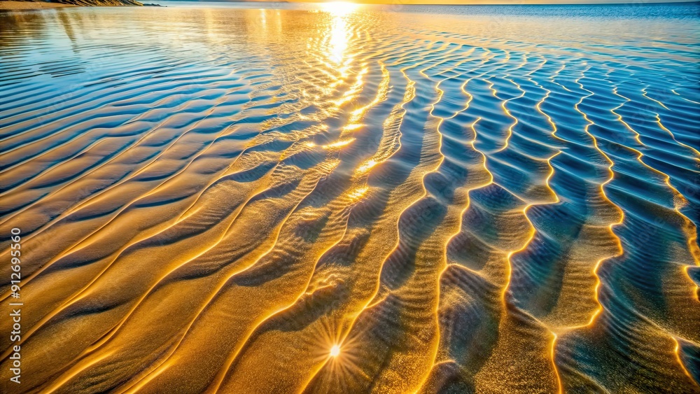Luminous water ripple shadow overlays on sandy beach with light ...