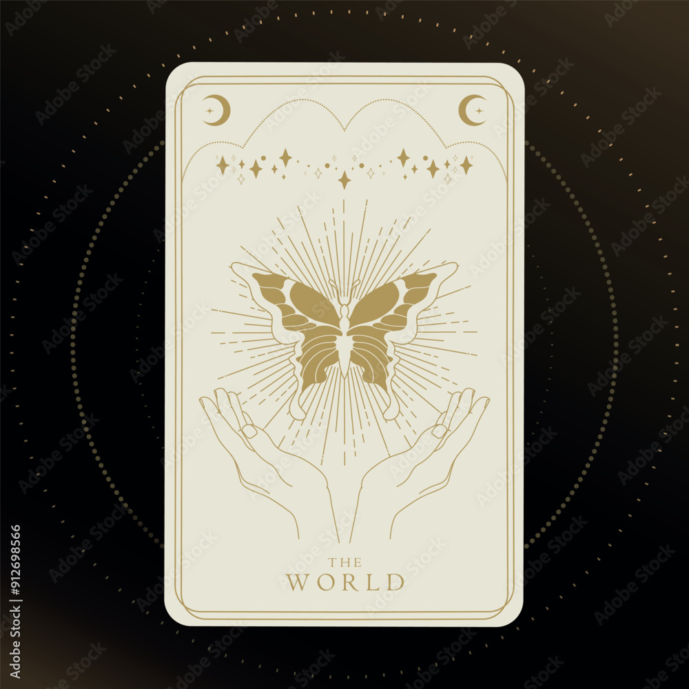 Golden tarot card of Major Arcana the World. Tarot card in golden and ...
