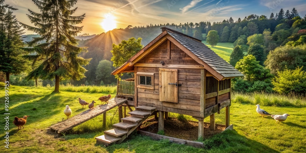Rustic wooden chicken coop with pitched roof, nesting boxes, and ...