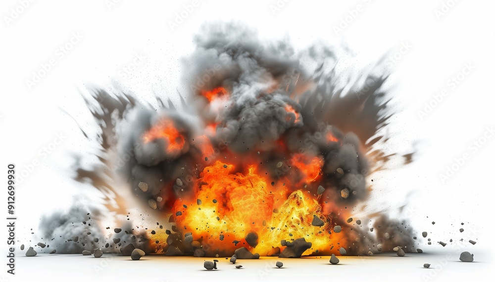 Intense explosion with bright orange flames at the base and thick ...