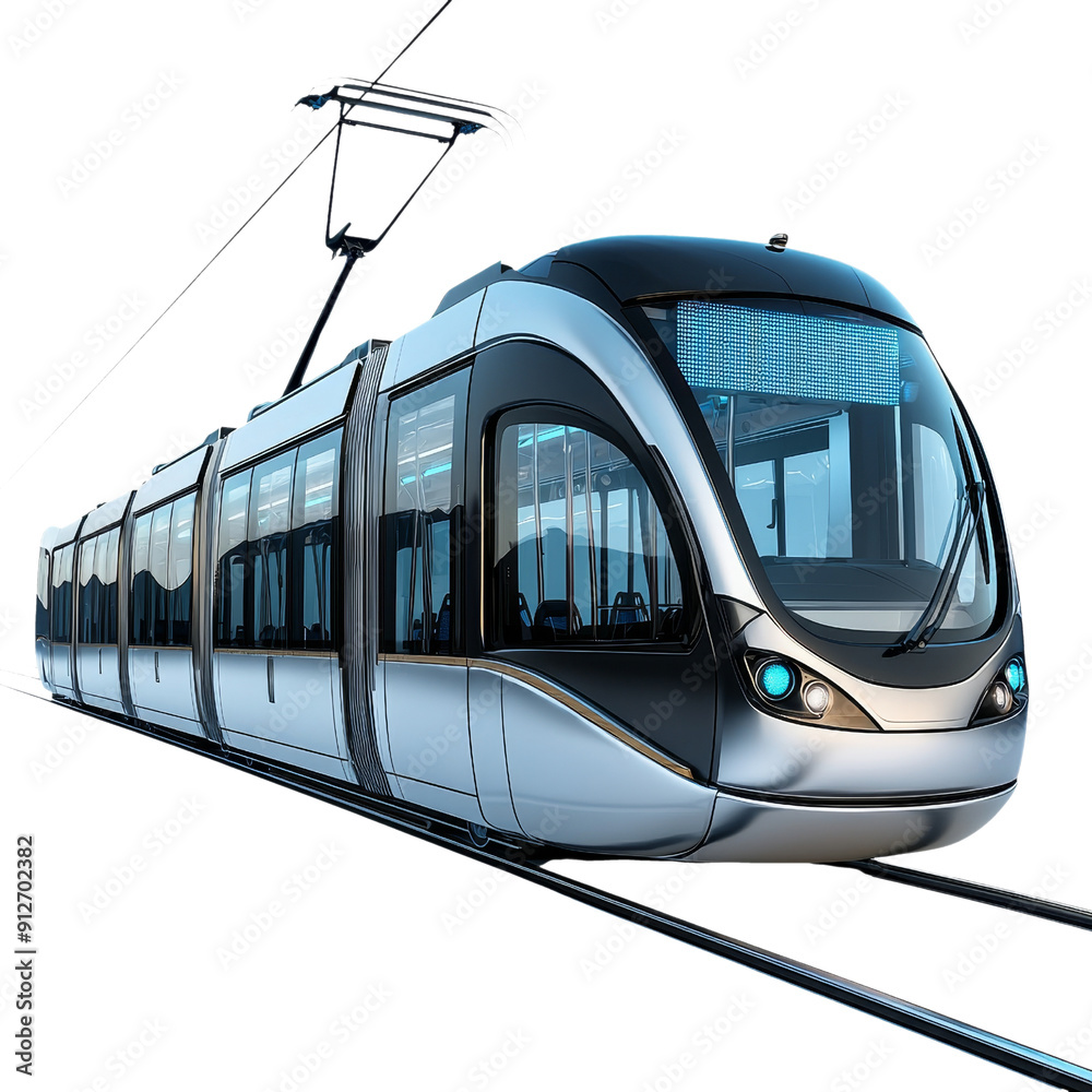 Sleek modern urban tram with a sleek silver body and blue tinted ...