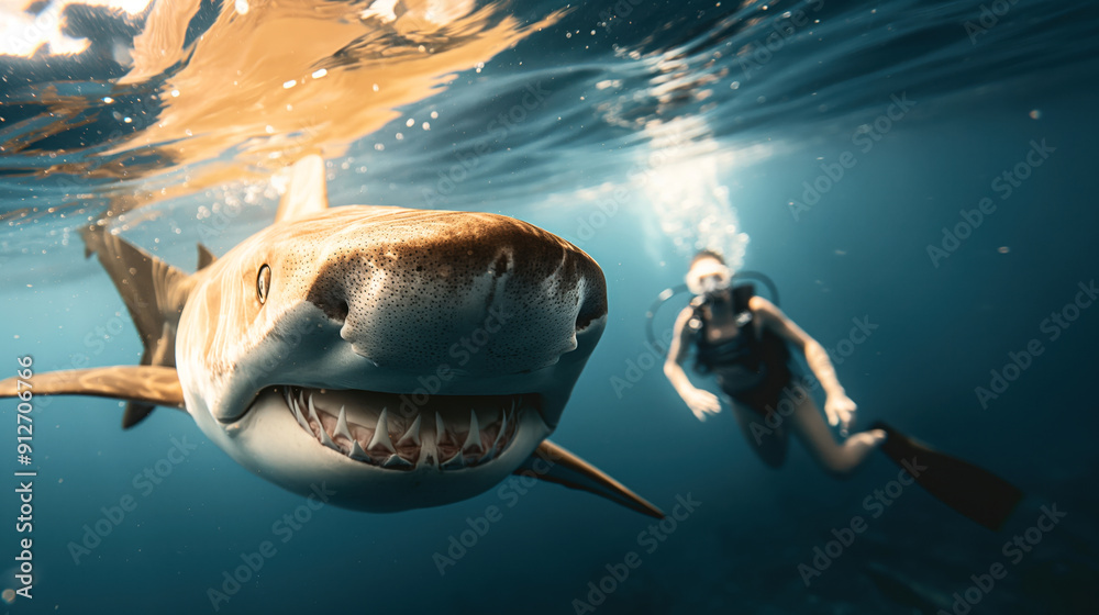 Underwater view of a shark swimming towards the camera with a scuba ...