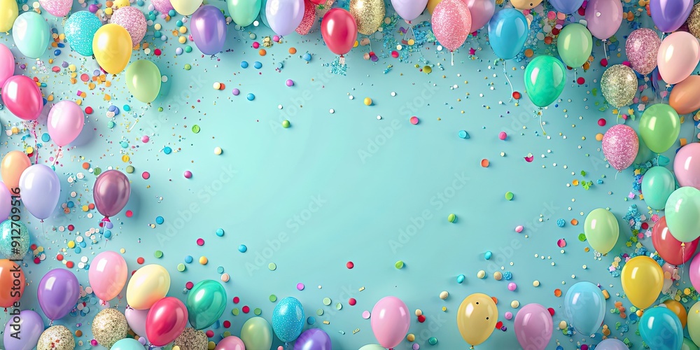 Pastel blue background with a border of balloon confetti dropping ...