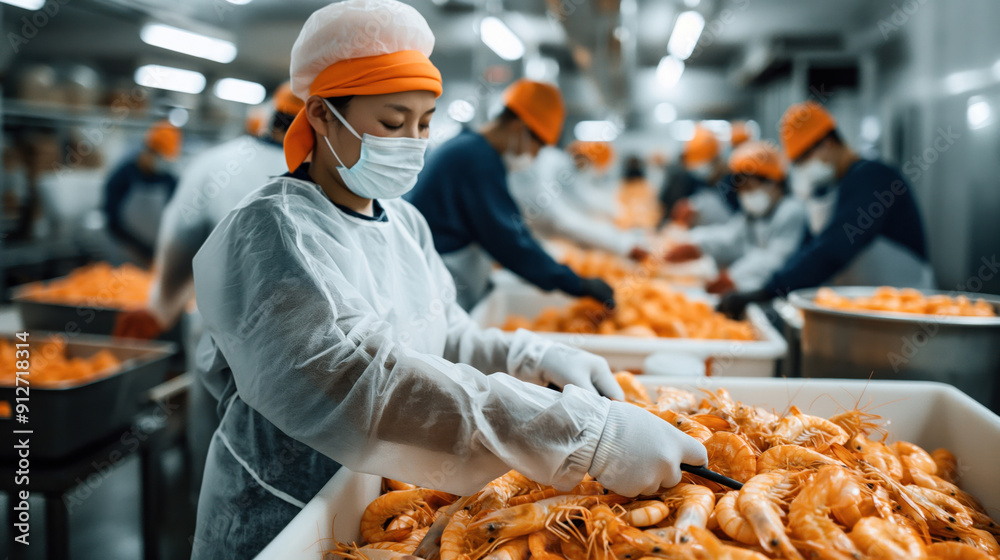 Workers in a food processing facility sorting shrimp while wearing ...