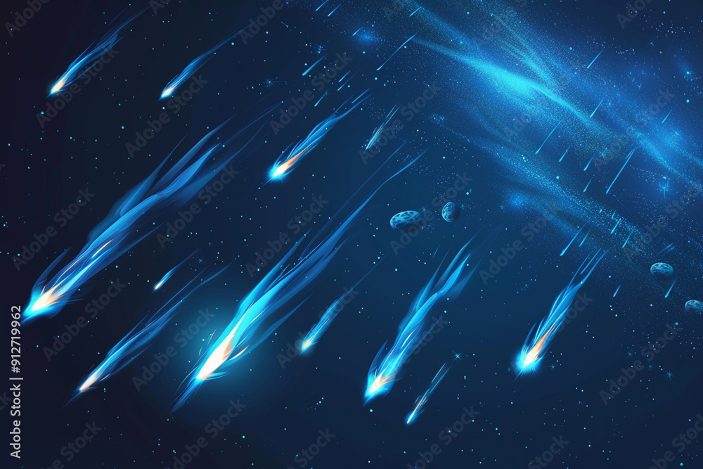 Falling comets asteroids or meteors with blue flame trail in cosmos ...