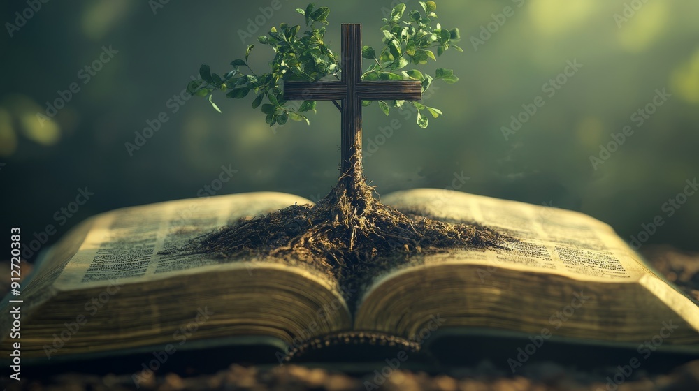 Cross Growing From Open Bible, Symbol of Faith and Hope - A wooden ...