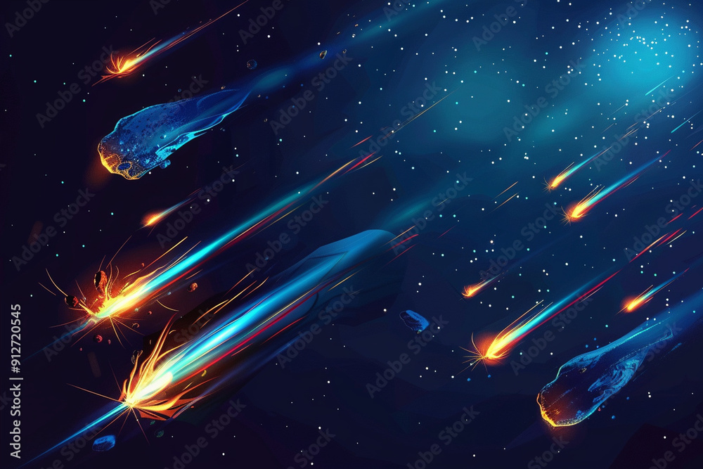Falling comets asteroids or meteors with blue flame trail in cosmos. Vector realistic ...