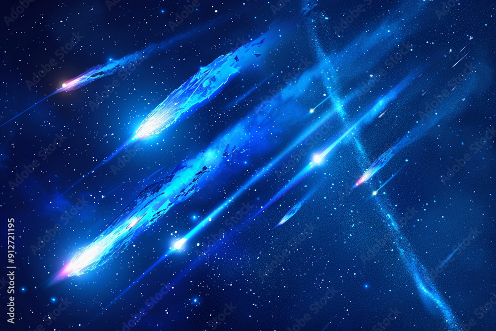Falling comets asteroids or meteors with blue flame trail in cosmos. Vector realistic ...
