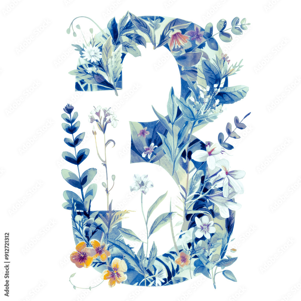 Watercolor Number Three with Nature Background. Blue and Indigo Floral ...