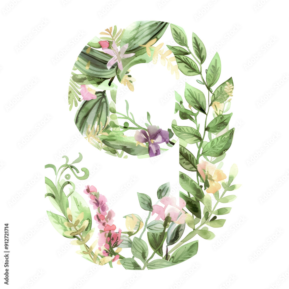 Watercolor Number Nine with Nature Background. Vintage Green Floral ...