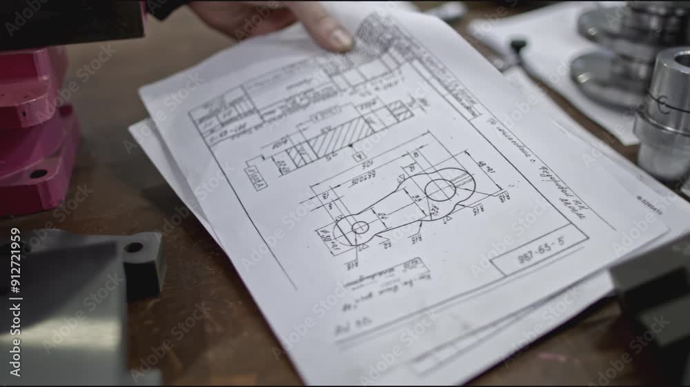 Close-up drawings of part in factory. Stock clip. Professional drawings ...