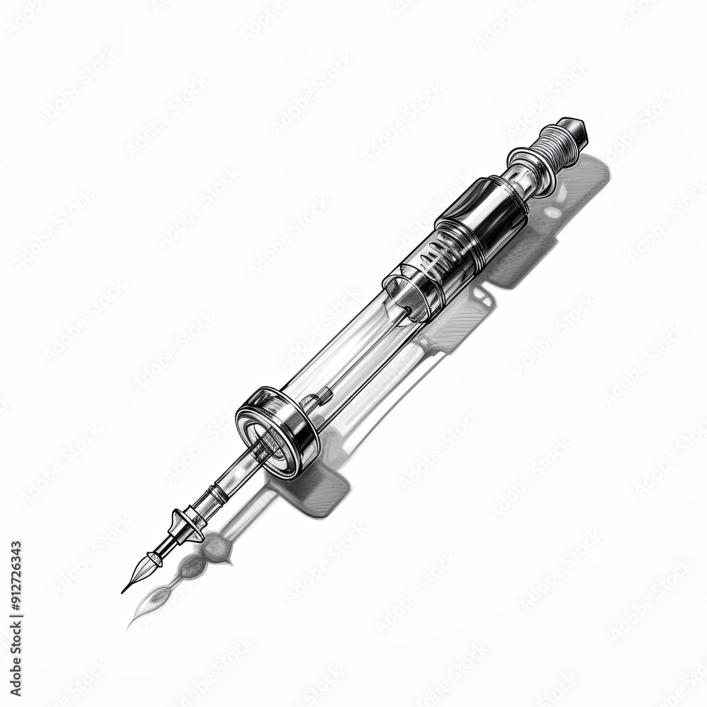 Transparent glass syringe with a metal case and blue liquid inside ...