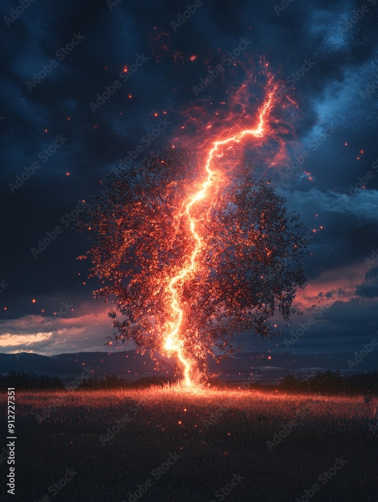 Fiery Lightning Strikes Tree in Dramatic Night Sky - A powerful ... Fiery Lightning Strikes Tree in Dramatic Night Sky - A powerful ...