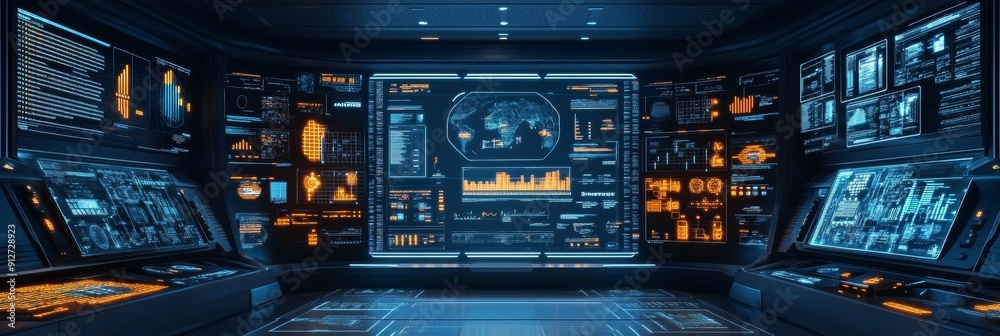Futuristic Control Room with Digital Displays and Data Analytics - A futuristic control room ...