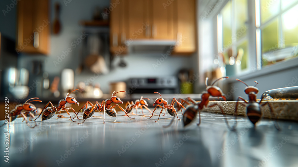 Close-up of ants on a kitchen countertop with a blurred background ...