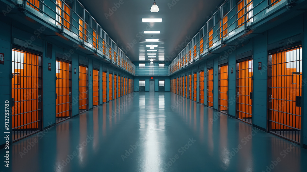A symmetrical view of an empty, modern prison corridor with two levels ...