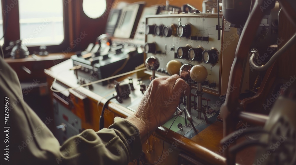 In a warmly lit ship control room, an individual maneuvers the levers ...