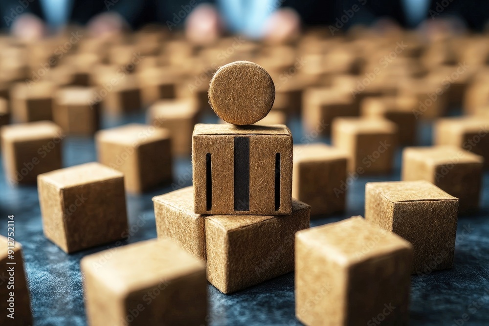 Standing Out: A wooden figure stands tall on a stack of blocks ...