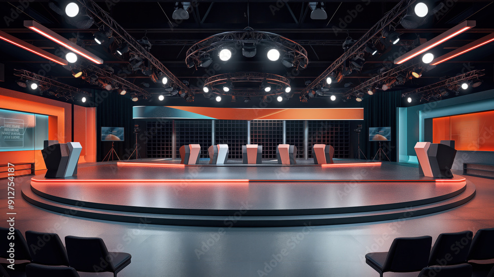 Modern television studio set with multiple podiums, illuminated lights ...