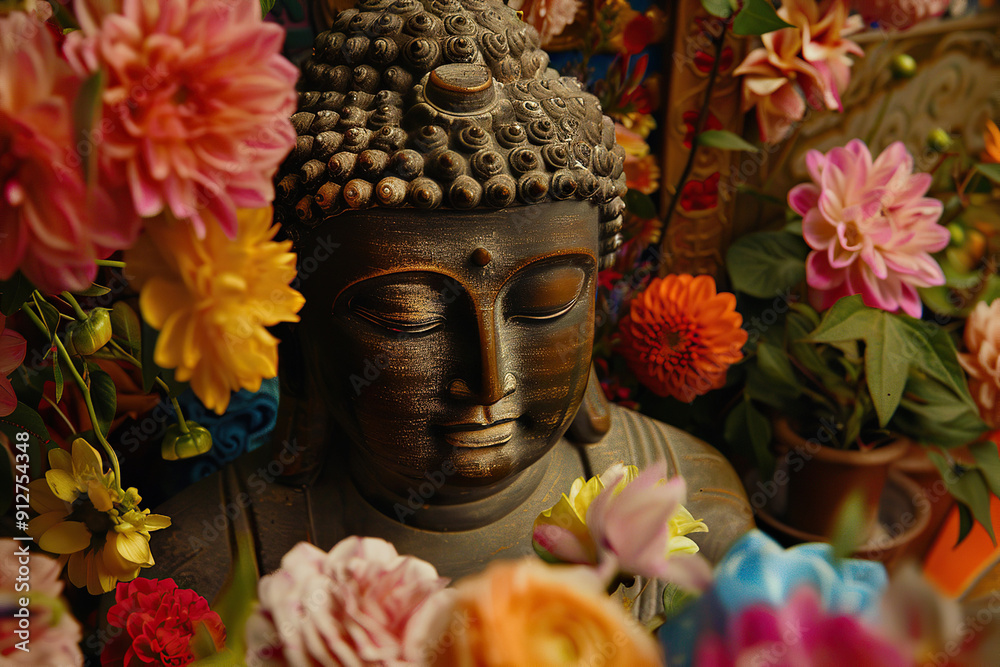Beautiful greeting card with ancient statue great Buddha on holiday ...