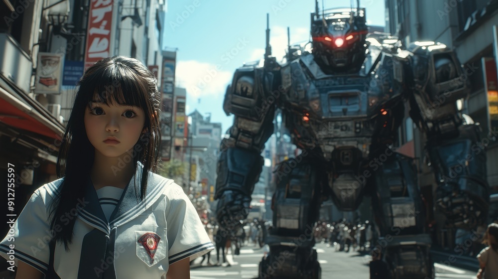 Japanese school girl in uniform, defiantly facing a colossal robot ...