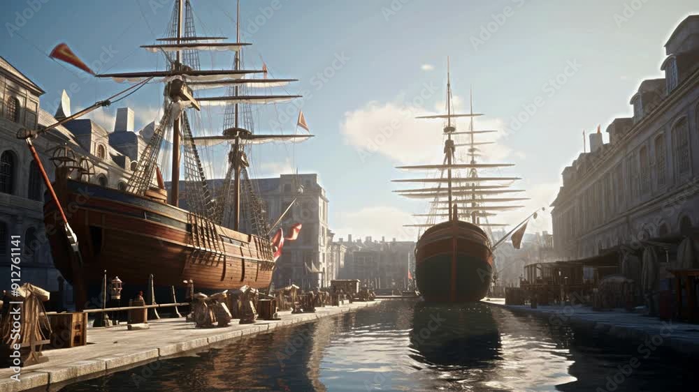 A picturesque harbor scene featuring two large sailing ships docked ...