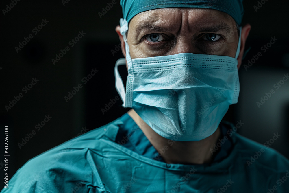 A close-up portrait of a stern and focused surgeon wearing a surgical ...