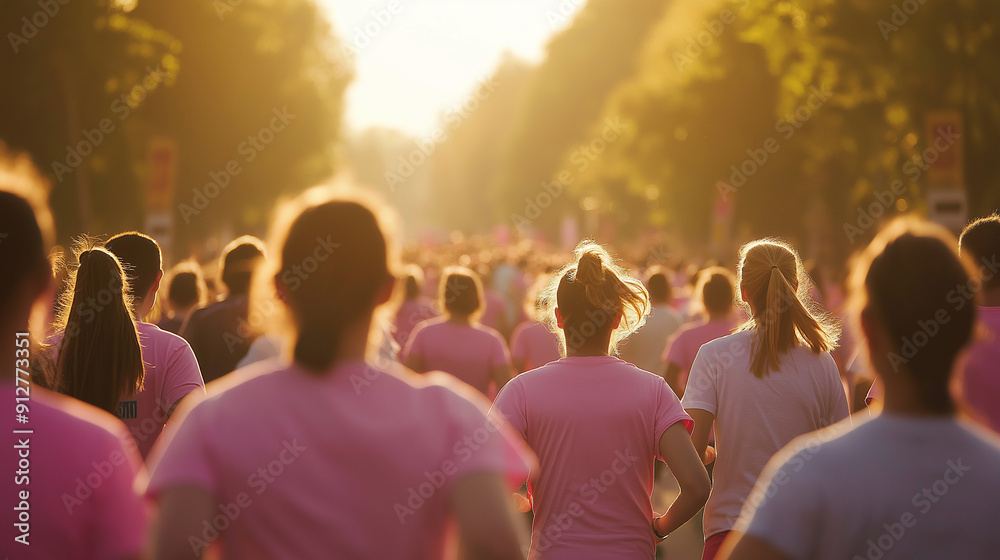 Group of people wearing pink shirts participating in a charity run or ...